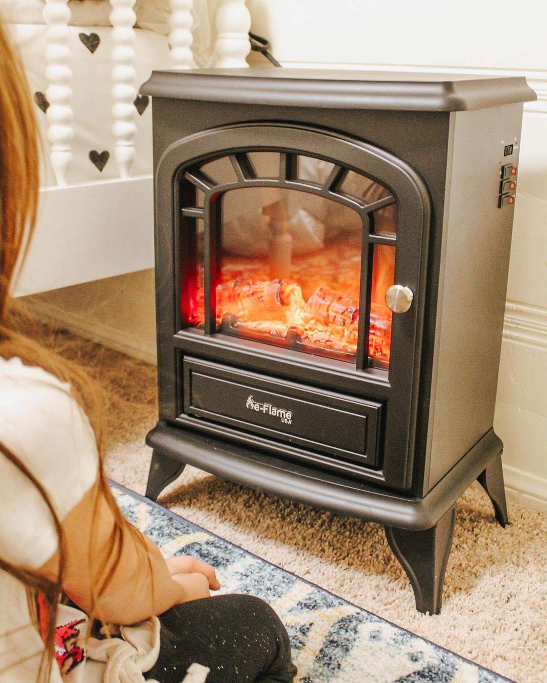 e-Flame USA Aspen Freestanding Electric Fireplace Stove - 3-D Log and Fire Effect (Black)