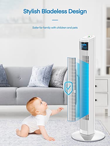 Tower Fan, 36 Inch Oscillating Fans with Remote, Sleep Mode and 12H Timer, Large LED Display, 6 Modes, Portable Stand up Floor Bladeless Fan for Bedroom Living Rooms and Office, White