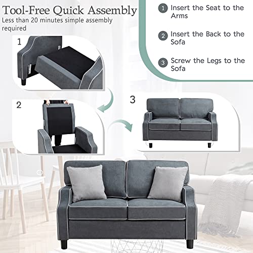 Meilocar 56" Loveseat Couch, Modern Upholstered Love Seats with Armrest and Two Pillows, Small Double Sofa for Bedroom, Apartment, Office and Small Spaces (Blue Gray)