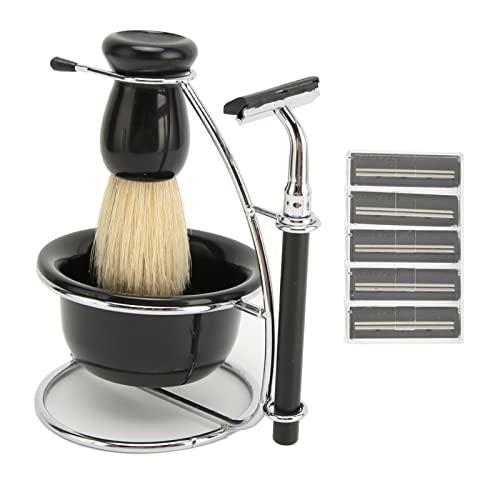 Manual Hair Trimmer Kit Beard Care Cleaning Tool Set 5 in 1 Shaving Brush for Men, Hair Brushes with Solid Wood Handle and Stand Wet Foaming Bowl