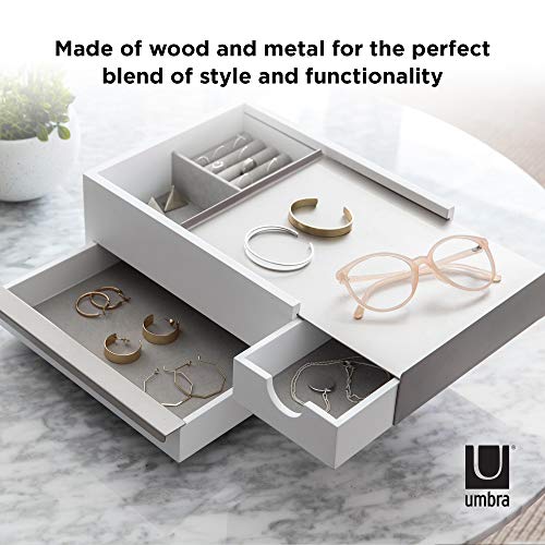 Umbra Stowit Jewelry Box-Modern Keepsake Storage Organizer with Hidden Compartment Drawers for Ring, Bracelet, Watch, Necklace, Earrings, and Accessories (White/Nickel)