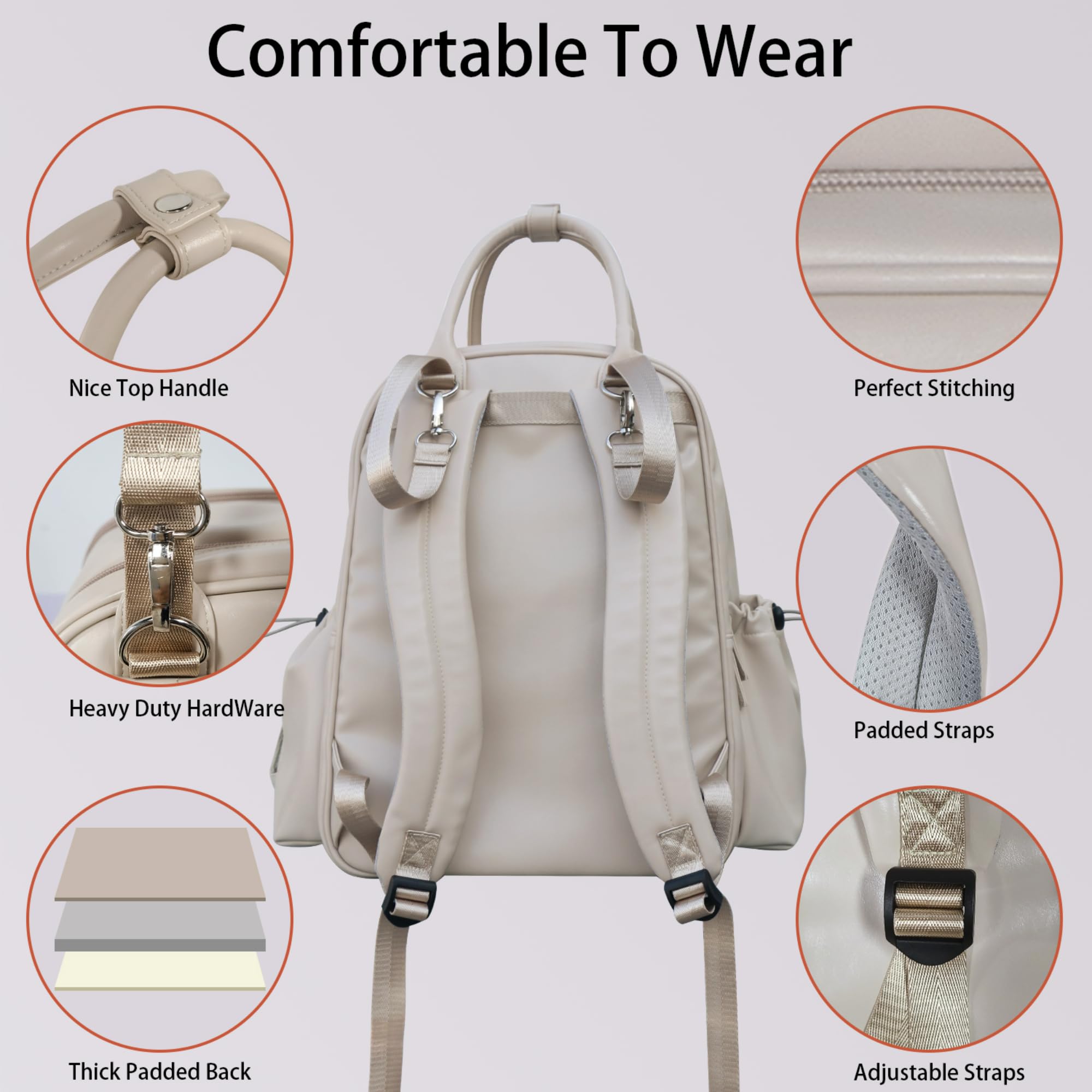 Hap Tim Diaper Bag Backpack, Leather Baby Diaper Bag with Changing Pad,19 Pockets, 2 Clear Makeup Bags, 2 Stroller Clips, Baby Registry Search, Cream White(K2252-CM)