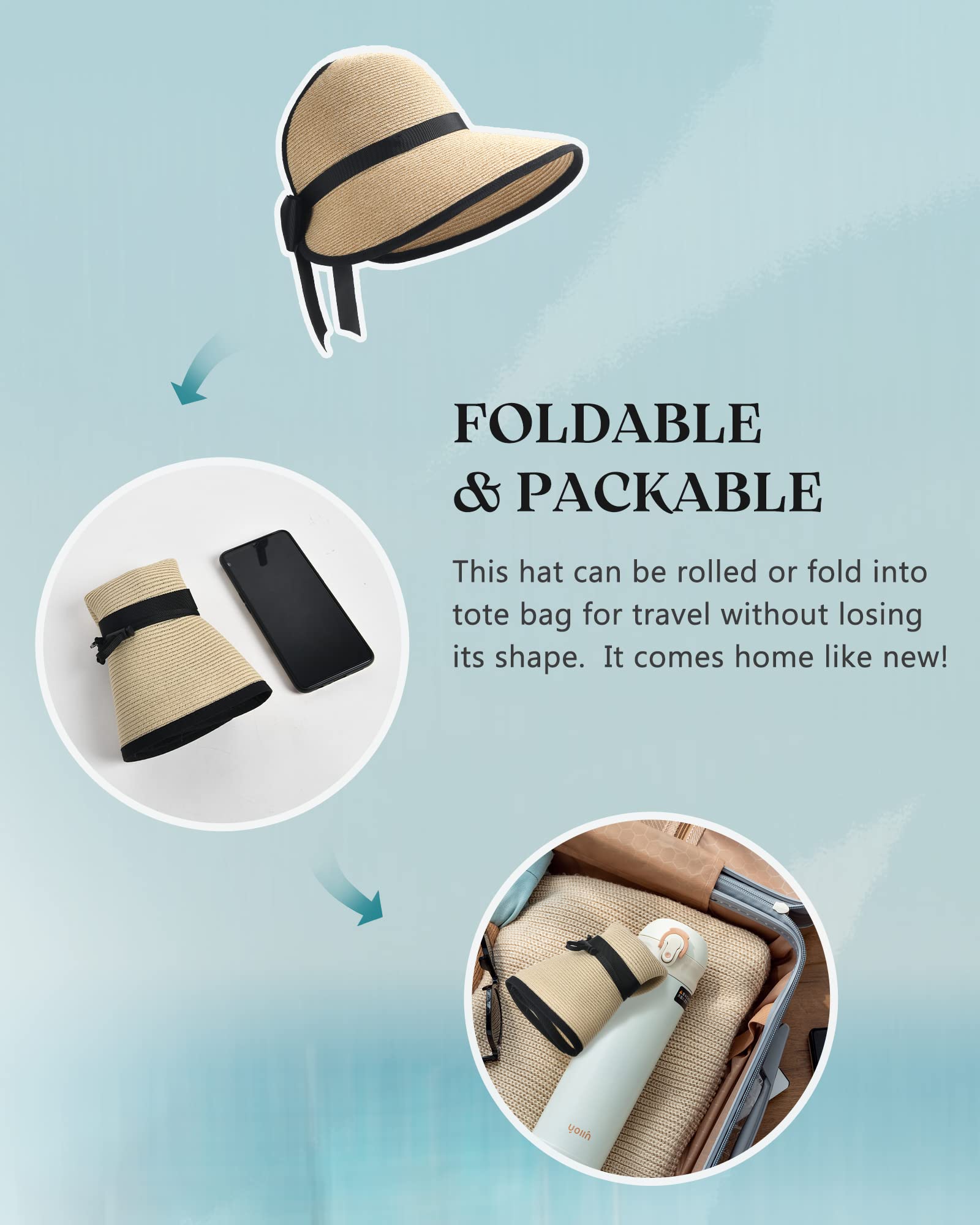 FURTALK Beach Hats for Women Foldable Packable Wide Brim Sun Visor Hat with Ponytail Hole UPF50+ Cap for Travel Khaki