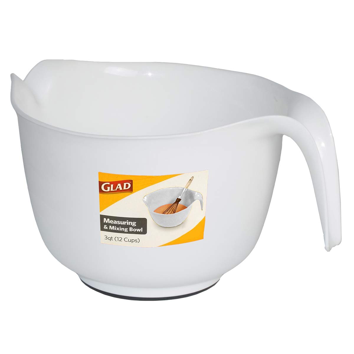 GLAD Mixing Bowl with Handle β 3 Quart | Heavy Duty Plastic with Pour Spout and Non-Slip Base | Dishwasher Safe Kitchen Supplies for Cooking and Baking, White