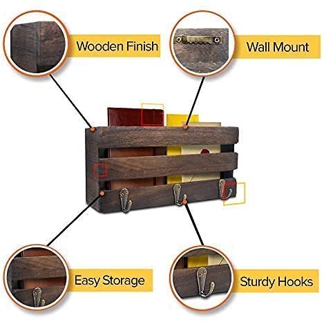 Rustic Mail Holder Wall Mount ~ Key and Mail Organizer for Wall Decorative with 3 Key Hooks ~ Key Hanger for Wall, Entryway, Bathroom, Living Room, Kitchen (Brown)