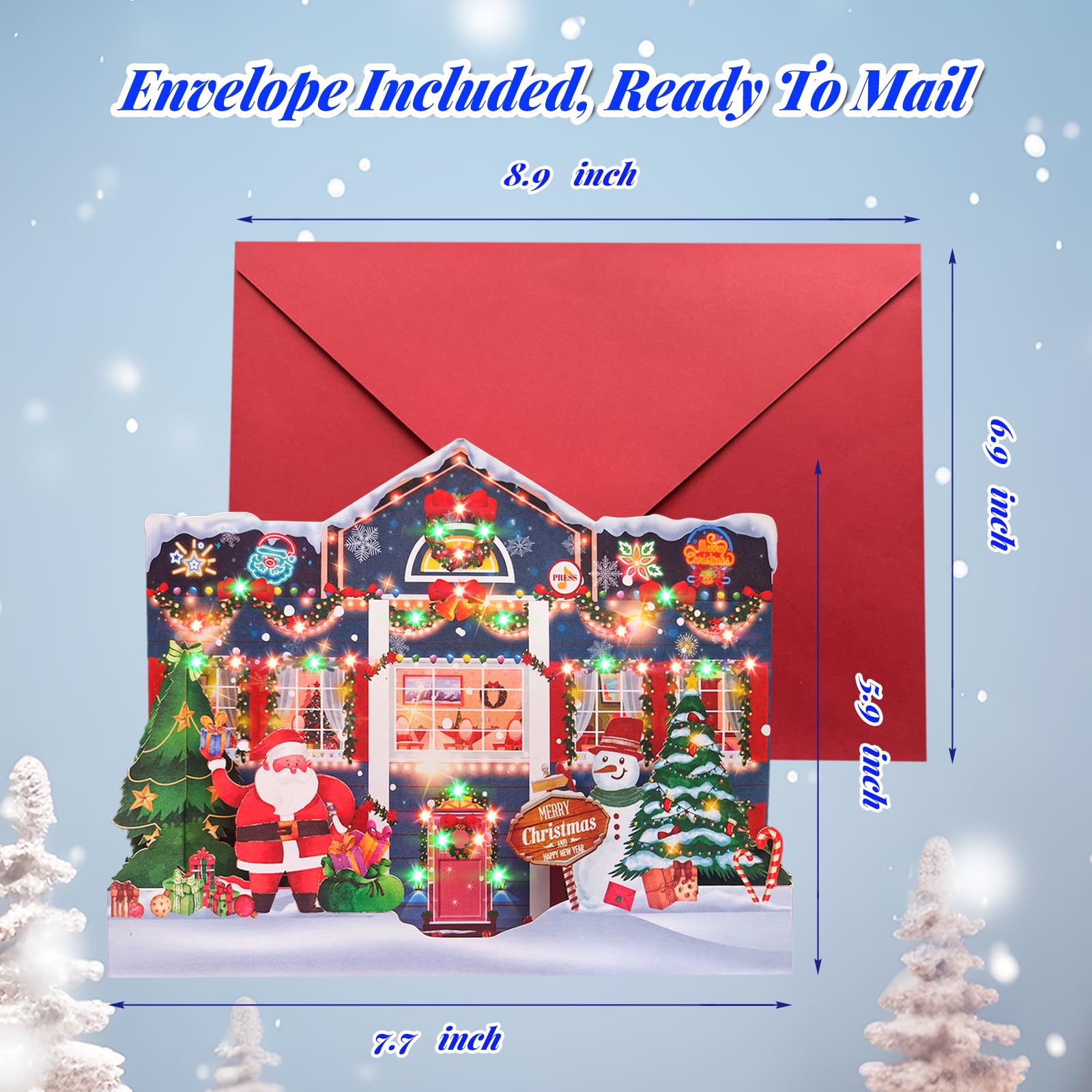 MZD8391 3D Pop Up Christmas Cards with Music & Lights, Animated Christmas Gift Card, Playing 3 Christmas Songs with 3 Matching Lights Blinking Modes (Envelope Included)