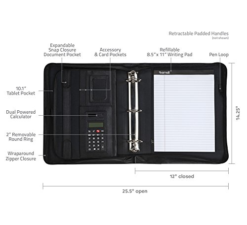 Samsill Professional Padfolio/Portfolio with Zippered Closure Case, 2 Inch Removable Round Ring Binder, Retractable Handles, Interior 10.1” Tablet Sleeve, Black