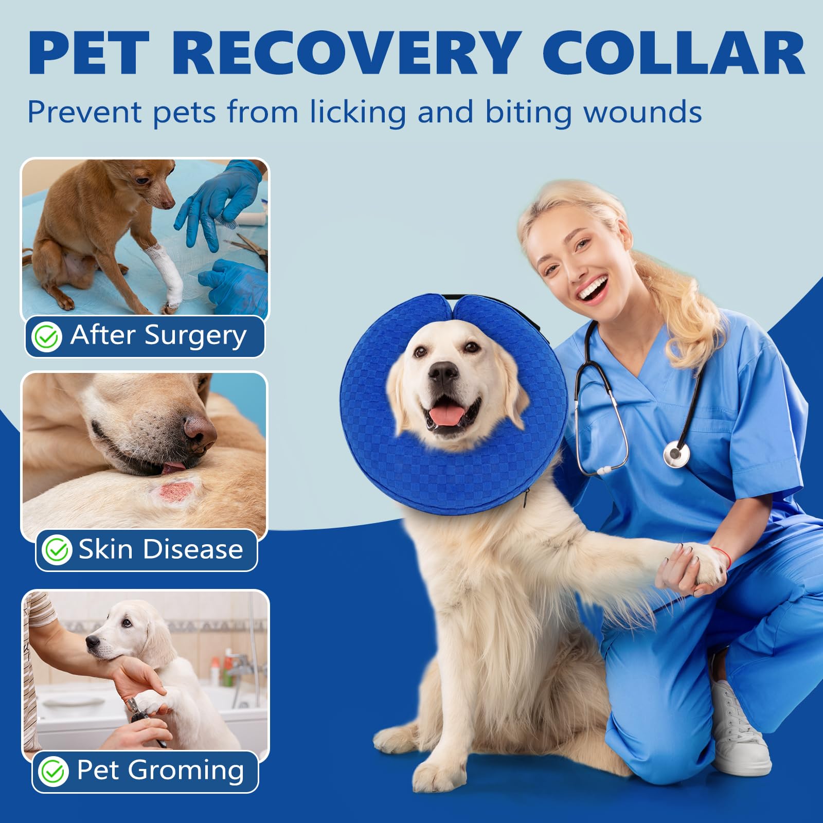 GoGoPaw Inflatable Dog Cone Collar After Surgery, Soft Dog Cone for Large Medium Small Dogs and Cats, Adjustable Blow up Neck Donut, Pet Recovery E Collar Alternative Not Block Vision(Blue,L)