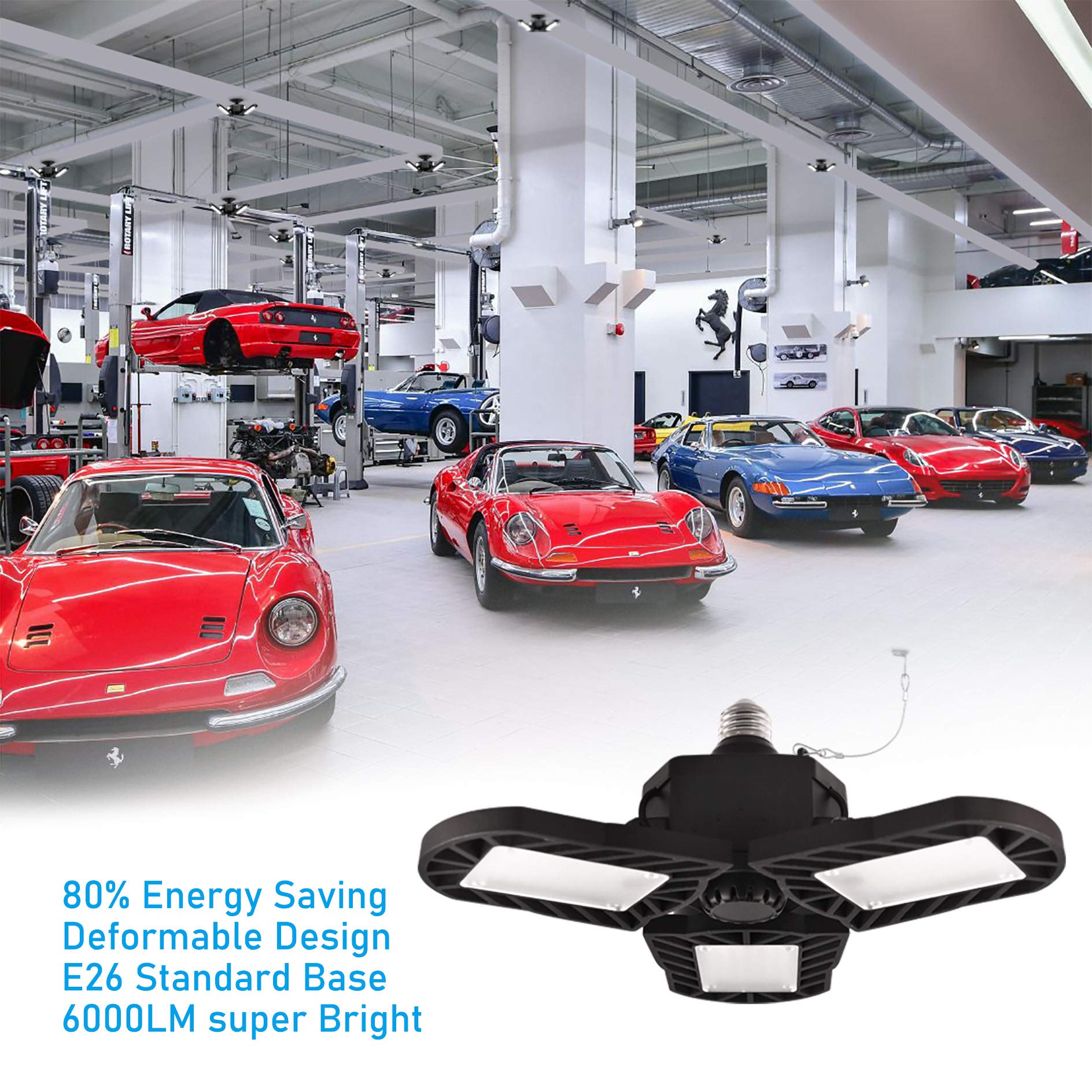 Deformable LED Garage Light,Winshine E26 Base 6000LM 60W Triple Light Garage Ceiling Lamp,6000K Daylight LED Shop Light,3 Adjustable Panels Bay Lighting for Garage,Warehouse,Barn (NO Motion Activated)