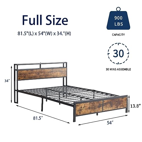 Industrial Modern Full Size Bed Frame with LED Lights and 2 USB Ports,with Wood Shaving Headboard and Platform Bed Frame,Bearing Capacity Up to 900 (Full, Rustic Brown)