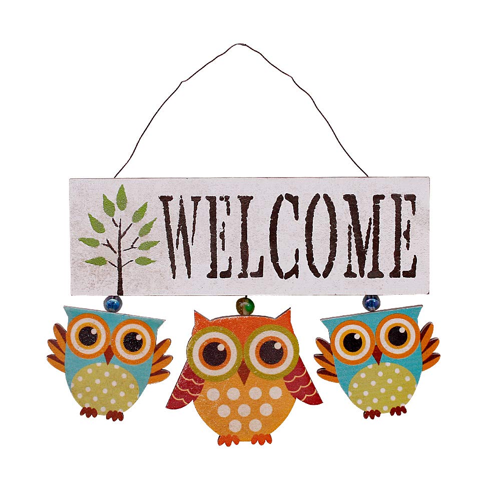 E-view Owls Welcome Sign Wooden Hanging Welcome Door Sign for Porch Patio - Wood Door Décor Home Garden Decorative Wall Ornament (White)