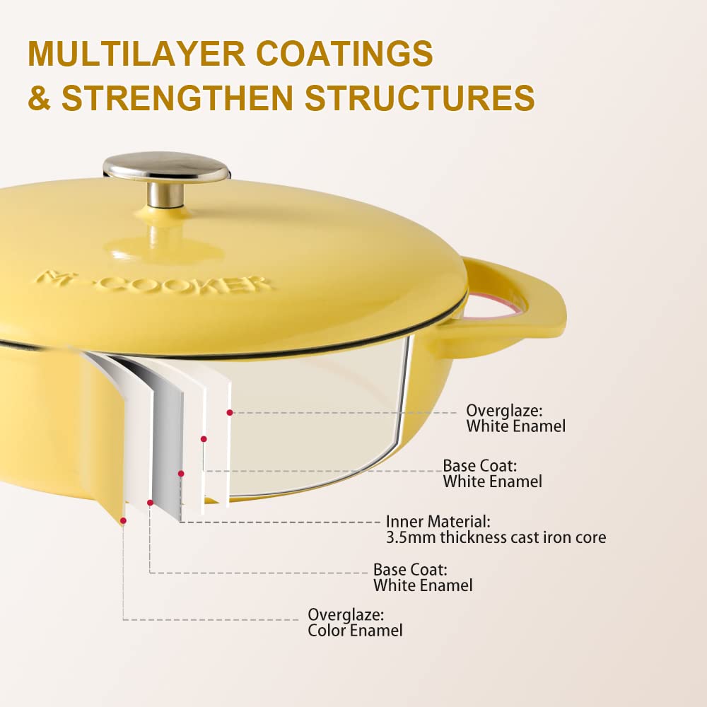 M-COOKER 3.8 Quart Enameled Cast Iron Braiser Pan with Lid,Covered Cast Iron Casserole Dish, Shallow Dutch Oven with Lid, Gift Idea for Family, Oven Safe (Yellow)