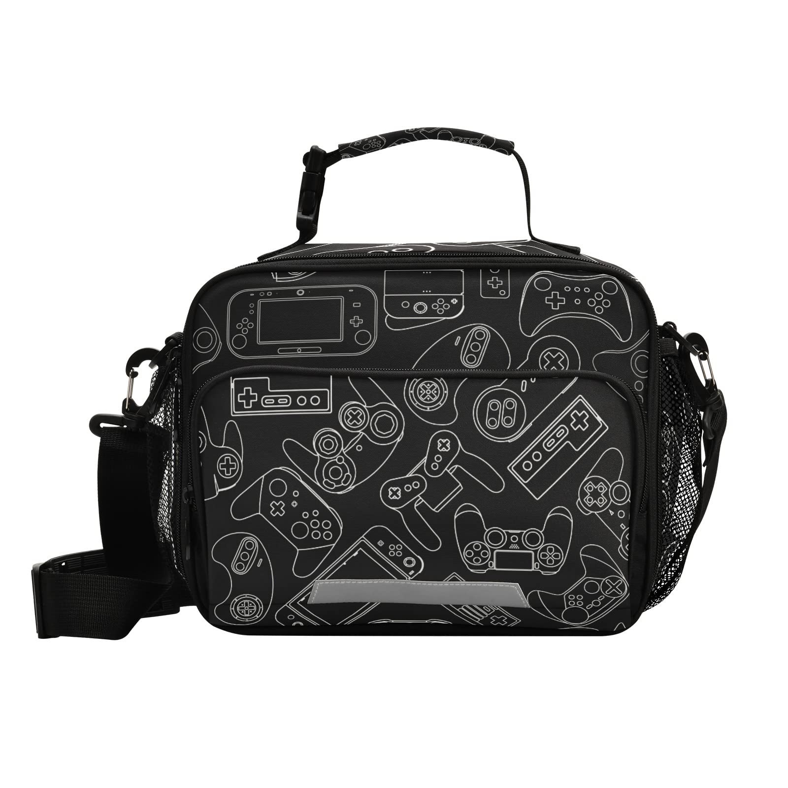 Glaphy Video Game Pattern Black Lunch Bag, Cooler Lunch Tote Box Insulated Lunch Bags Food Container for Boys Girls Kids