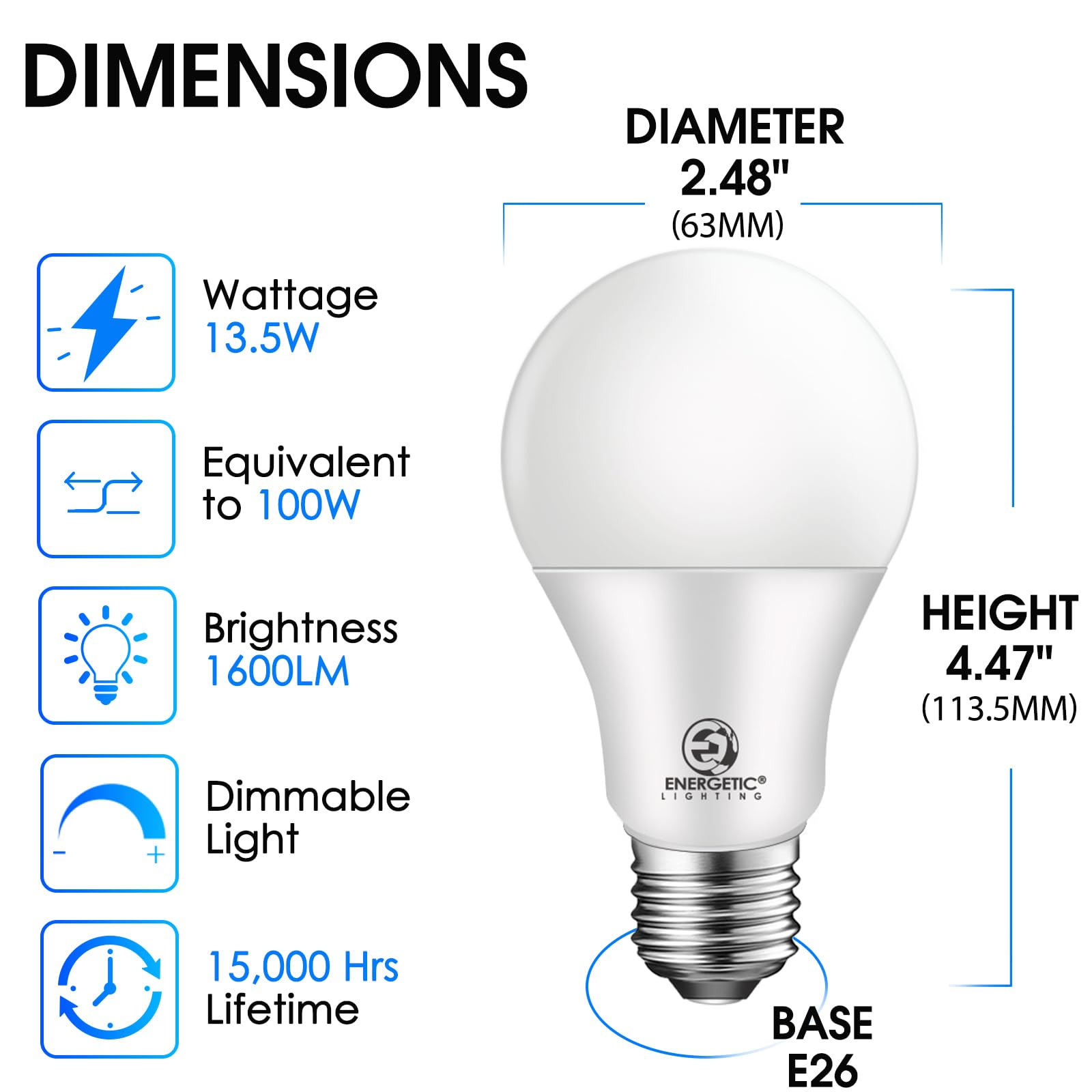 Energetic LED Light Bulbs 100 Watt Equivalent, Warm White 3000K, 1600lm 13.5W A19 Dimmable Light Bulb, CRI80+, 15000Hrs, 6-Pack, UL Listed