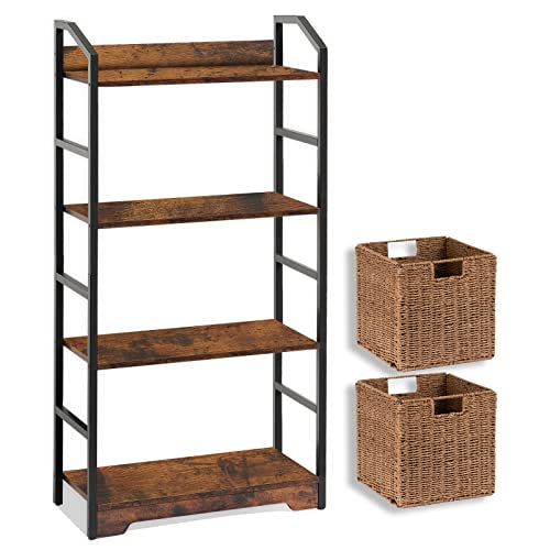 Vagusicc 4 Tier Bookshelf with 2 Storage Baskets, Tall Bookcase Shelf Storage Organizer Wood Book Shelf, Modern Shelf Rack Shelves with Steel Frame, Multipurpose Bookshelf for Bedroom Living Room