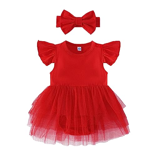 Infant Girl Tutu Dress Baby Girl Ruffle Romper Dress Toddler Girl Solid Color Skirts with Headband Summer Clothes (Red, 6-12 Months)