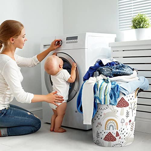 HoaMoya Collapsible Cute Cartoon Bunny Laundry Basket Spring Flowers Rainbow Mushroom Freestanding Laundry Hamper With Handles Large Waterproof Cloth Toy Storage Bin for Household Bedroom Bathroom