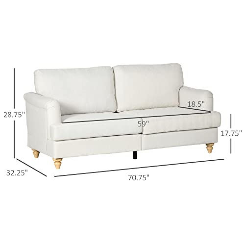 HOMCOM 3-Seater Sofa Couch, 71" Modern Linen Fabric Sofa with Rubber Wood Legs and Slatted Frame for Living Room, Bedroom and Apartment, Cream White