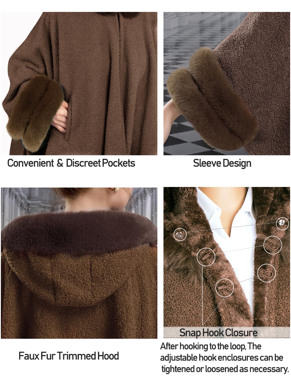 Dahlia Women's Winter Poncho Cape β Luxurious Faux Fur-Trimmed, Shed-Free, Silky Touch, Fleece-Lined Elegant Cloak, Black Large