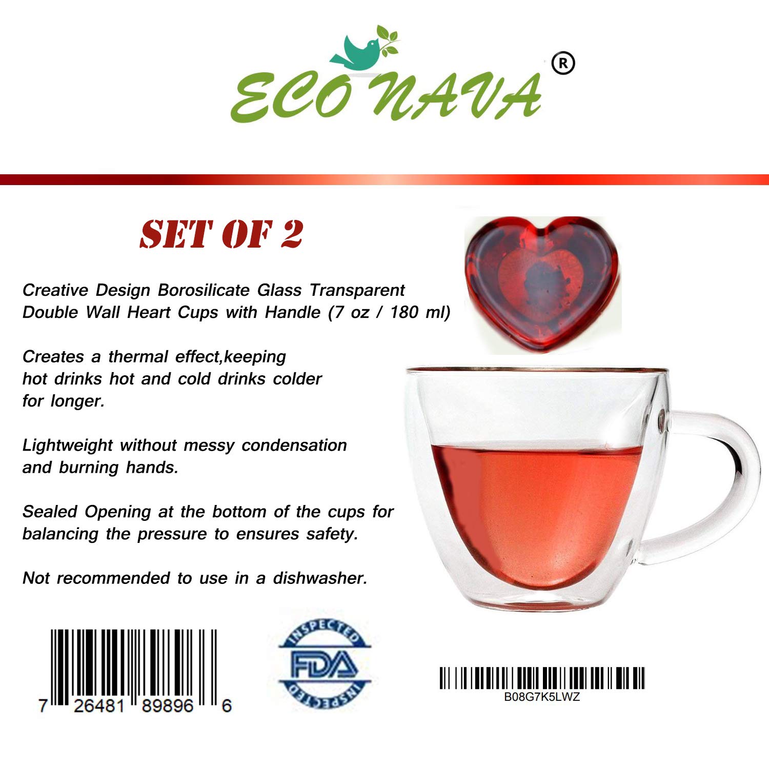 ECO NAVA Set of 2 Pack Creative Heart Shape Design Double-Layer Transparent Double Wall Drinking Glass Cup Mug (7 oz, 180 ml) for Coffee, Tea