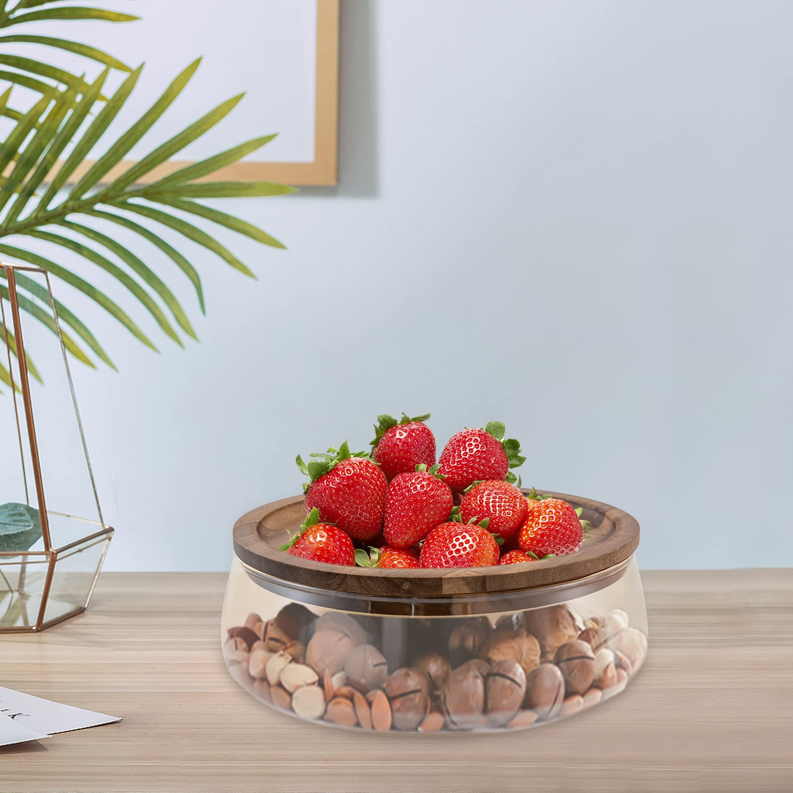 Glass Candy and Nuts Serving Container Rustic Salad Bowl with Wooden Lid Farmhouse Style Round Food Storage Platter Clear Storage Bowl for Home Kitchen Fruit Snack Vegetable Candy Nut, Brown