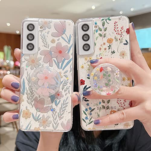 CrazyLemon for Samsung Galaxy Note 20 Case Silicone Clear Floral Design with Stand Ultra Thin Transparent Cute Aesthetic Pink Flowers Pattern Soft TPU Shockproof Protective Phone Case for Women Girls