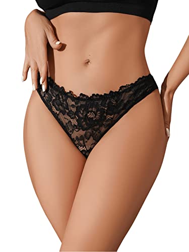 SweatyRocks Women's Lingerie Floral Lace Sheer Mesh Cut Out Thong Panties Underwear Chain Black M
