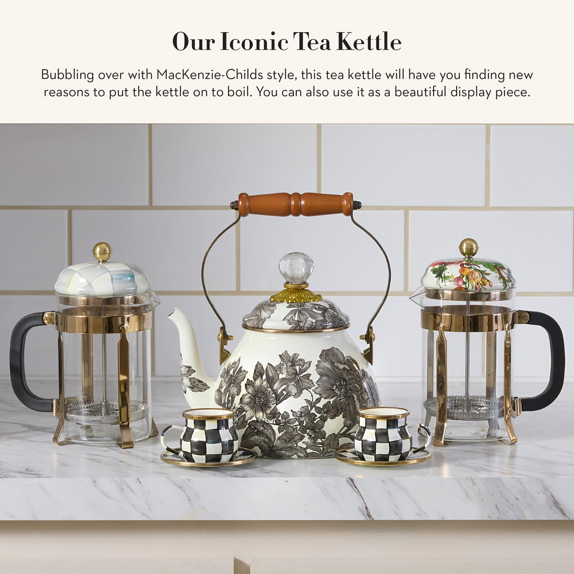 MACKENZIE-CHILDS Deck the Halls 2-Quart Enamel Tea Kettle, Christmas Tea Kettle for Stovetop