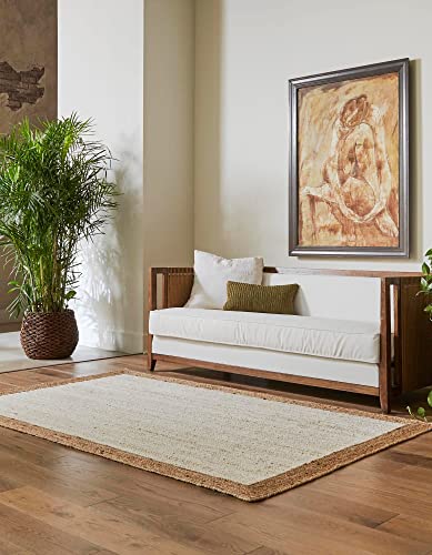 Unique Loom Braided Jute Collection Classic Quality Made Natural Hand Woven with Solid Color Detail, Area Rug, Rectangular 4' 0" x 6' 0", White/Beige