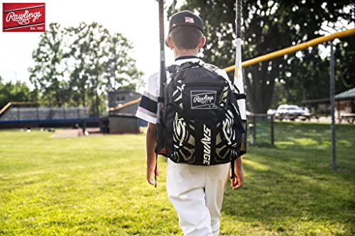 Rawlings Savage Youth Baseball Bag - Kids Bat Bag β Durable Baseball Backpack β Holds Two Bats β Includes Hook to Hang on Fence - Black/Volt