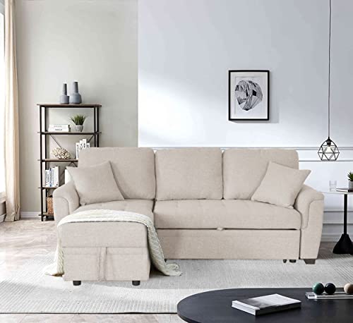 Melpomene Upholstered Sectional Sofa Couch, Convertible Pull Out Bed Sleeper Sofa with Storage 3 Seater L Shaped Couch with 2 Pillows,Linen Fabric Corner Sofa for Living Room(Beige)