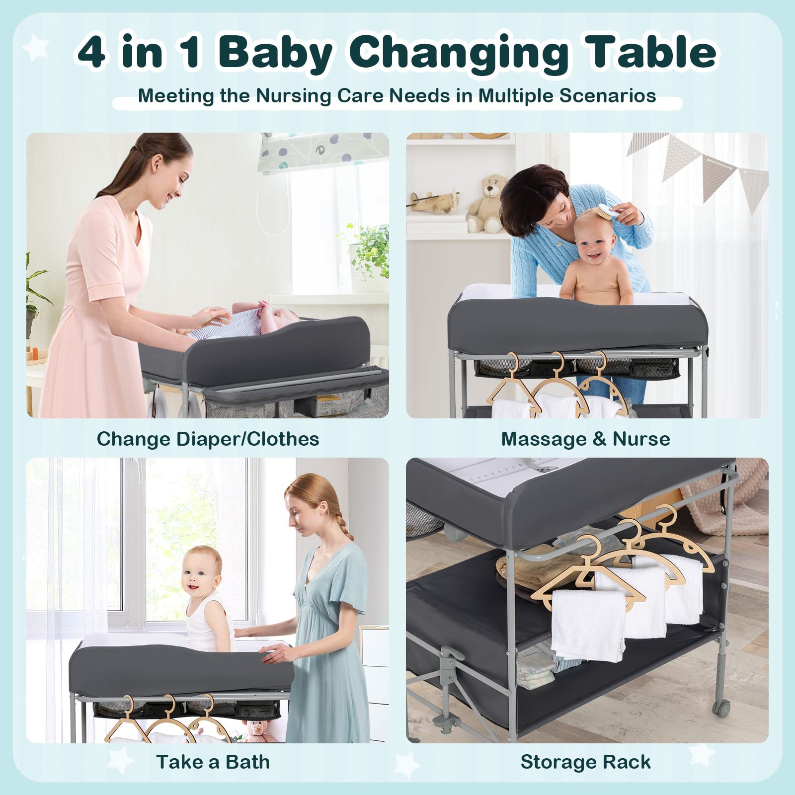 HONEY JOY Portable Baby Changing Table, 3-Tier Foldable Changing Station w/Wheels for Infant, Waterproof Diaper Changing Pad, 4 Adjustable Heights, Side Storage Basket for Newborn Essentials (Gray)