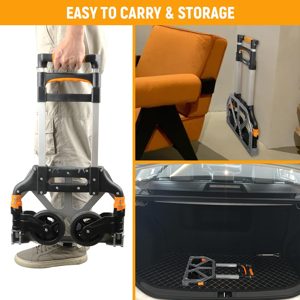 Hoteche Folding Hand Truck - 165Lbs Portable Heacy Duty Cart Dolly - Utility Luggage Cart with Adjustable Handle and PP+TPR Wheels