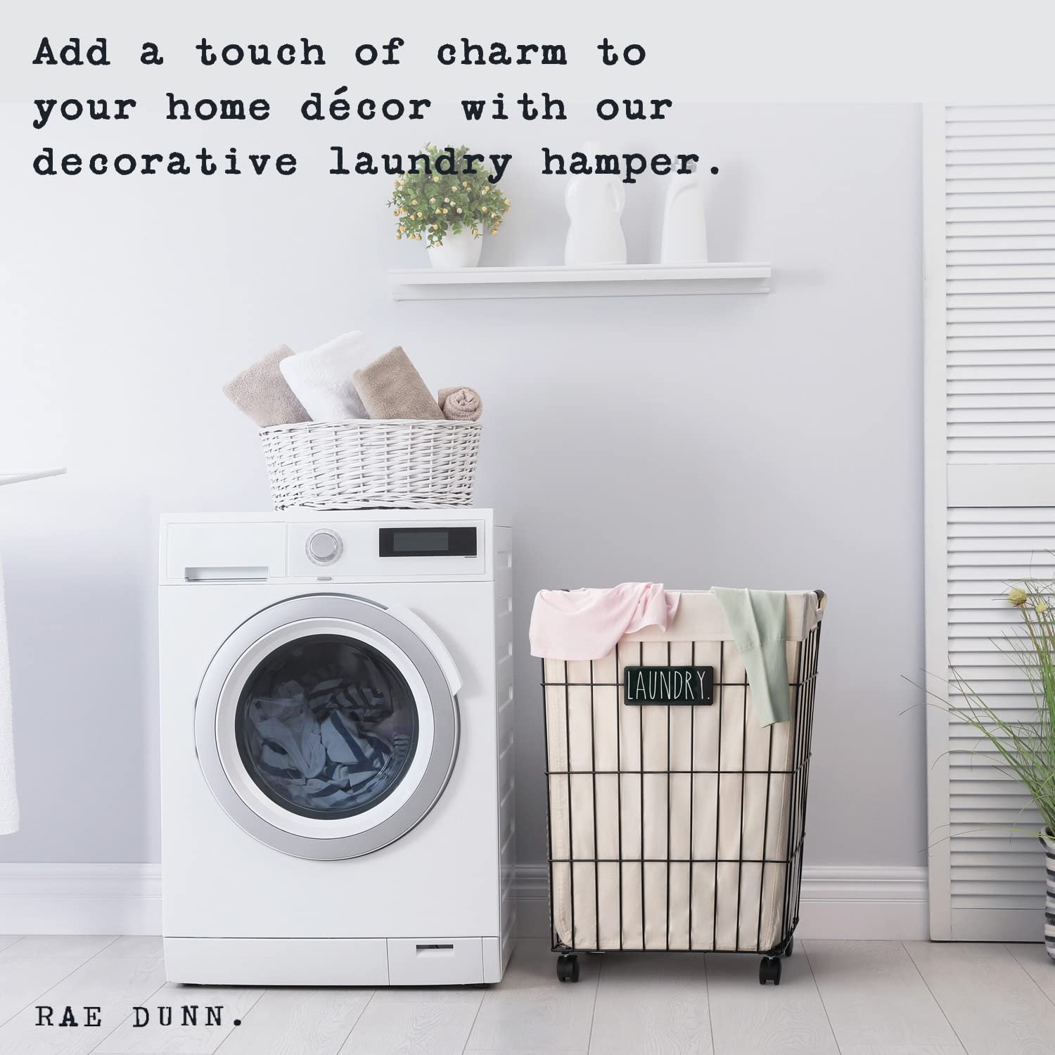 Rae Dunn Heavy Duty Laundry Hamper on Wheels - Lined Basket with Removable Cloth Liner - By Designstyles
