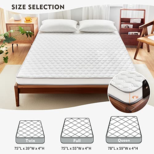 Memory Foam Mattress Topper 4 Inches with Supportive, High-Density Foam - 2 Layer Hybrid Cooling Bed Topper with Knitted Cotton & Charcoal Skin Friendly Cover - Queen Size