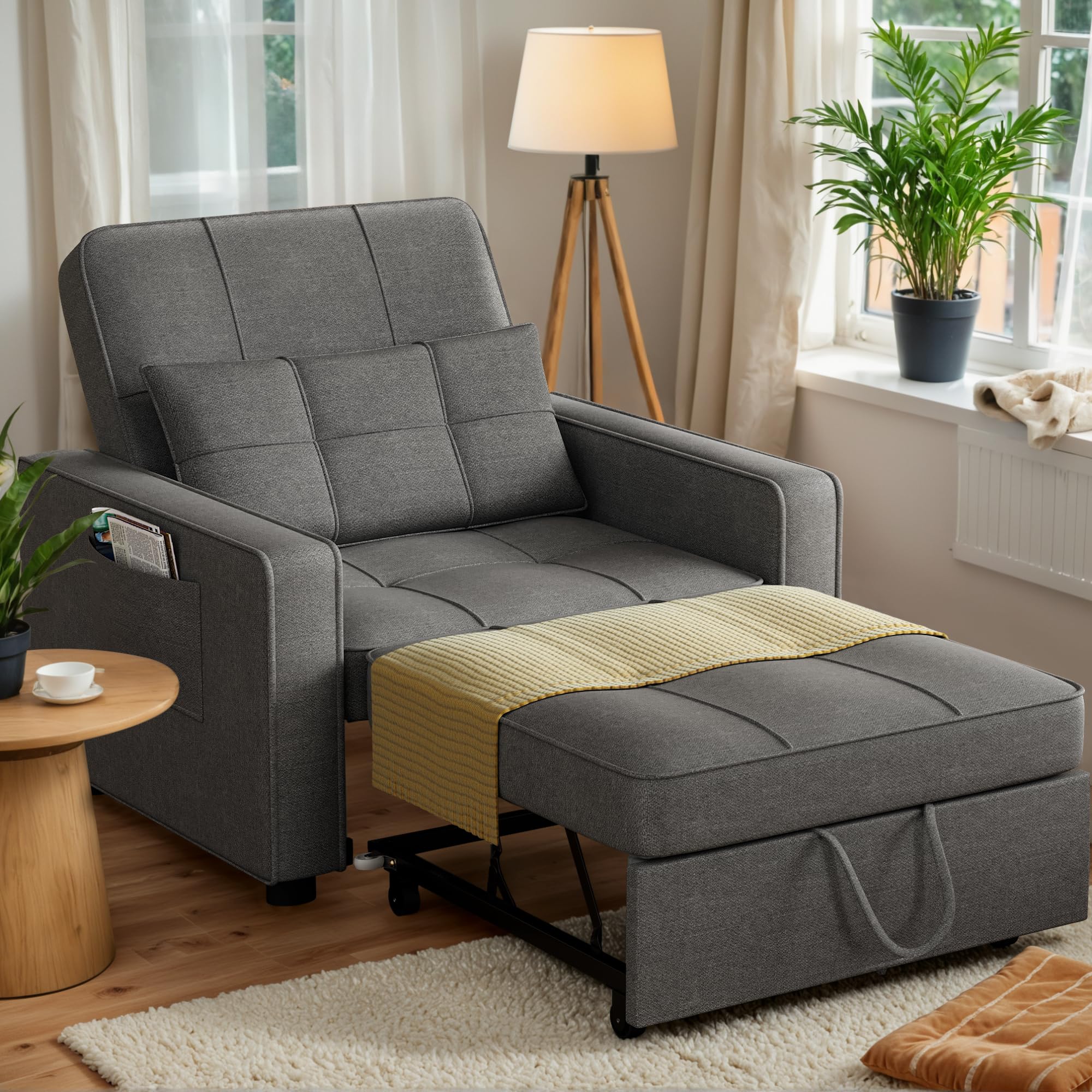 JUMMICO Sleeper Chair, 3-in-1 Convertible Sleeper Sofa Bed for Adults, Linen Fabric Pull Out Chair Bed with Adjustable Backrest, for Living Room, Apartment, Office, Small Space (Dark Gray)