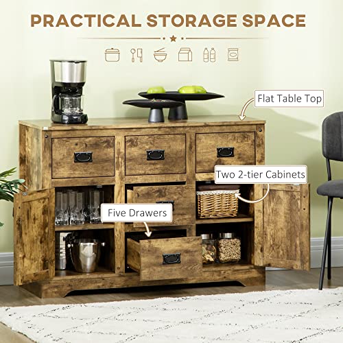 HOMCOM Industrial Sideboard Buffet Cabinet, Kitchen Cabinet with Five Drawers, Two Door Cabinets, Adjustable Shelf Coffee Bar Cabinet, Brown