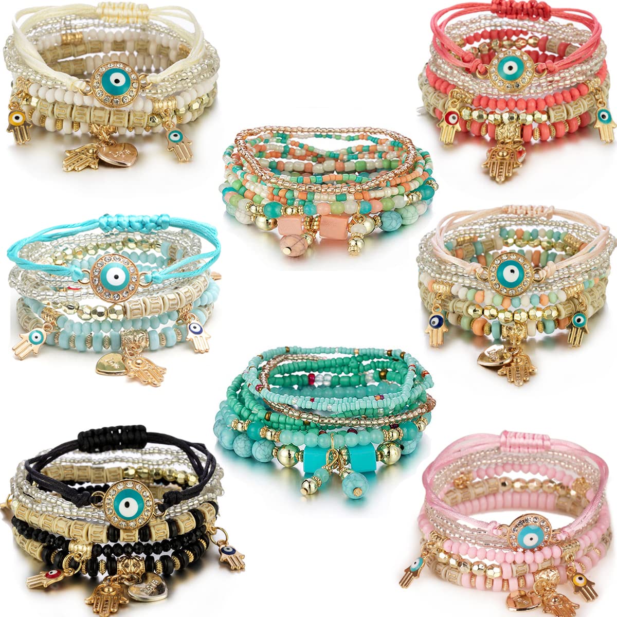 FINZOR 8 Sets Bohemian Bracelets for Women Stretch Multilayer Colorful Beads Bracelet with Charm Jewelry