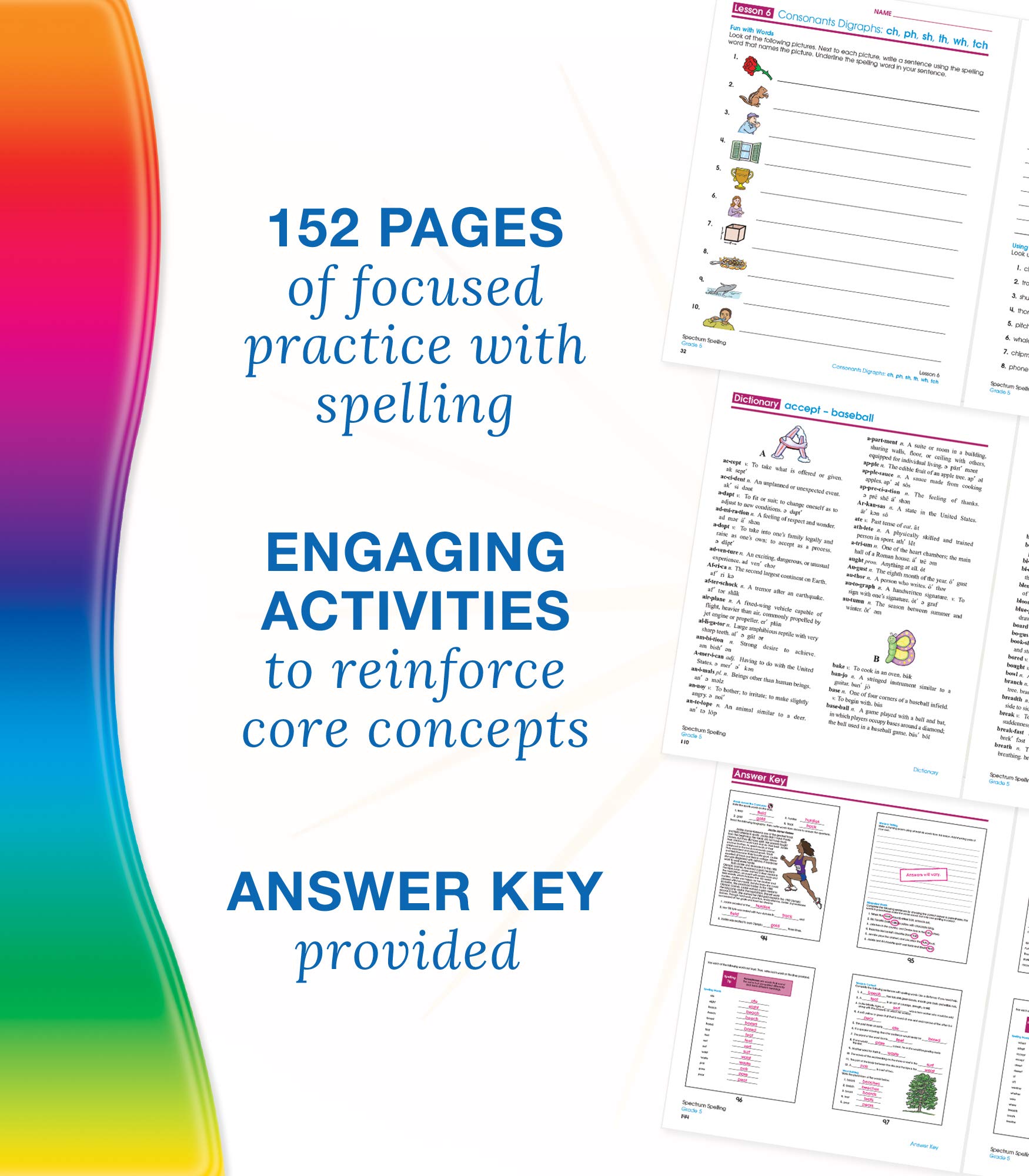 Spectrum 5th Grade Spelling Workbooks, Ages 10 to 11, Spelling Grade 5 Workbooks Covering Vowels, Blends & Digraphs, Practice Building Spelling Skills, Vocabulary, and Dictionary Skills