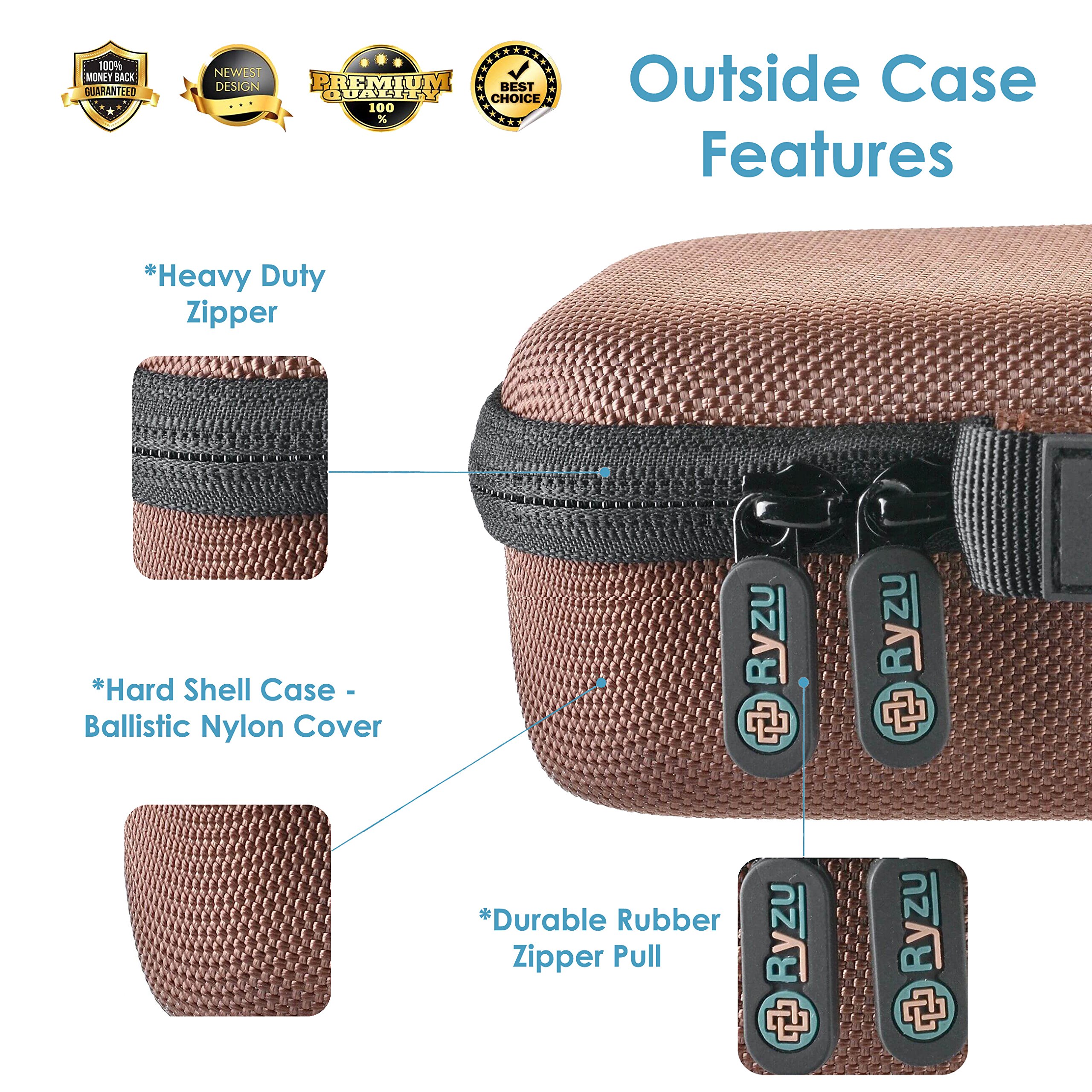Ryzu Stethoscope Brown Hard Case - Dual Mesh Pockets โ Velvet Lining - Durable - Compatible with Littmann and Most Brands