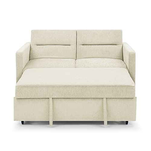 Linen Upholstered Loveseat Sleeper Sofa w/Side Storage Pockets, 54.5" 2-Seaters Sofá with Pull-Out Couch Bed with 2 Pillows & Adjustable Backrest for Living Room Apartment Office Small Space, Beige