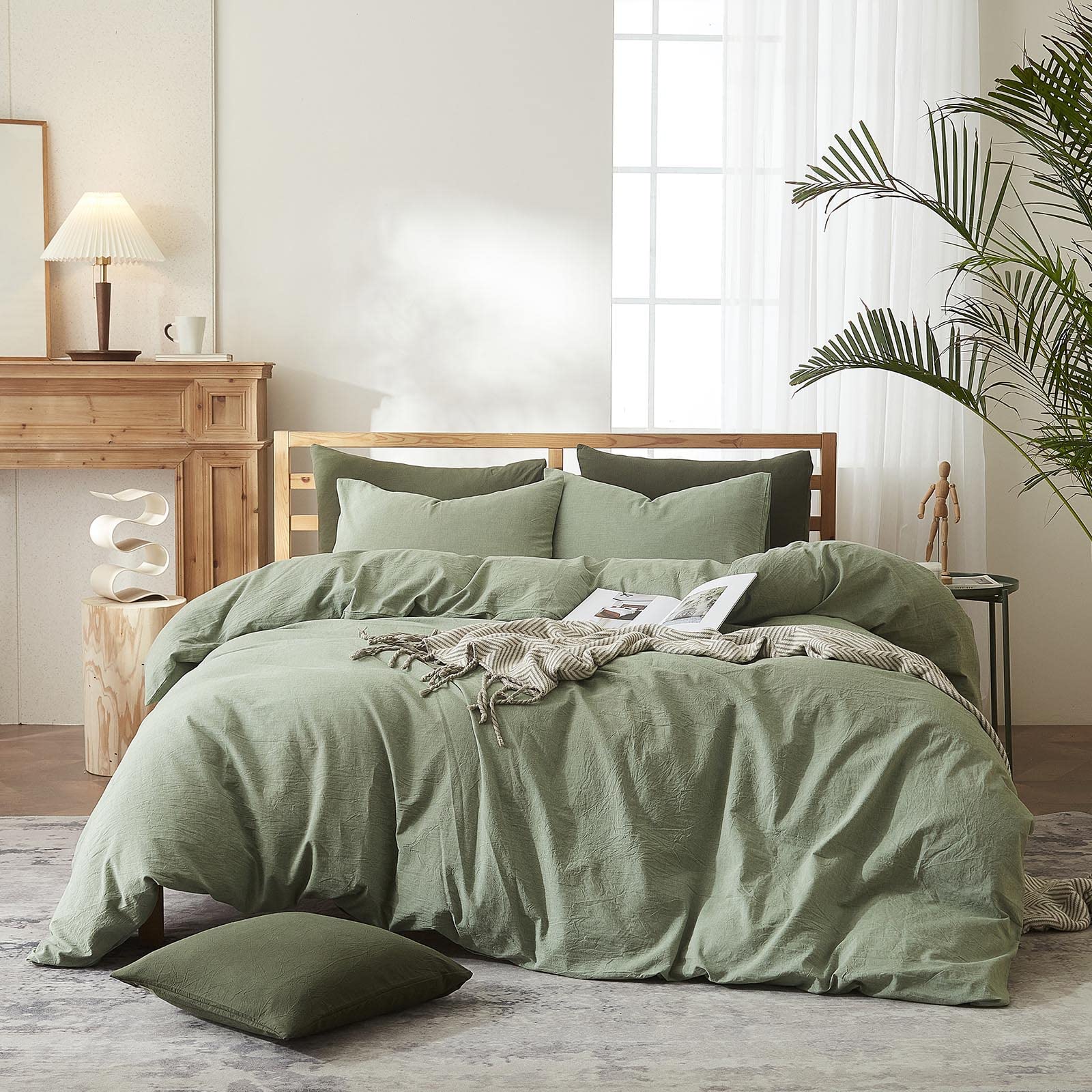 Sage Green Duvet Cover Sets King 100% Washed Cotton Men Women Bedding Set Simple Japanese Style 3 Piece with Pillow Shams, King Size