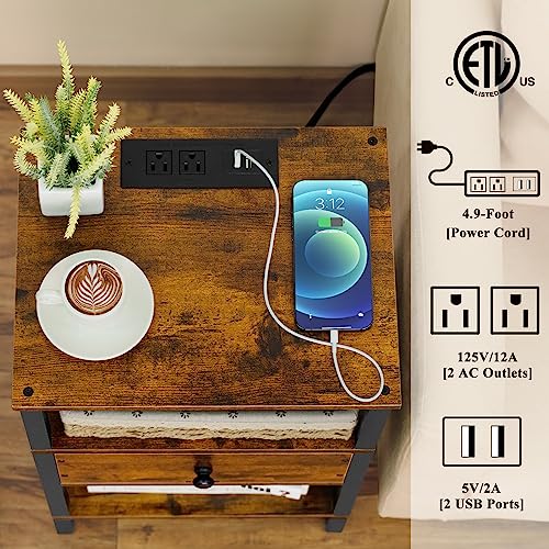 Lerliuo Nightstand with Charging Station and USB Ports, 3-Tier Storage End Table with Drawer Shelf, Night Stand for Small Spaces, Wood Bedside Table for Living Room, Bedroom - Retro Brown