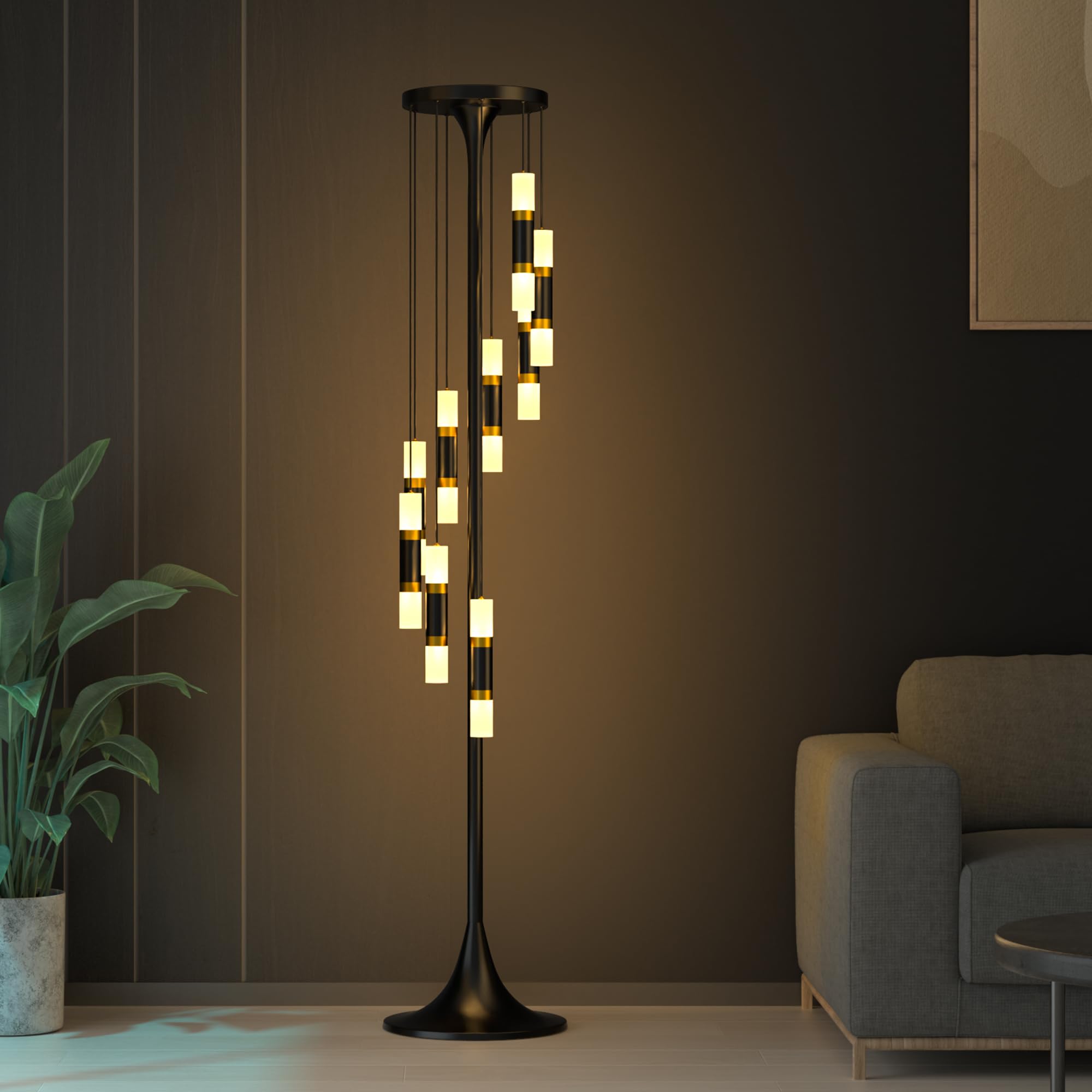 E.P. Light Modern Multiple Heads Black Floor Lamp for Bedroom, 71 inch Tall Dimmable Standing LED Floor Lamp for Living Room, Unique Reading Floor Lamp with Remote for Office