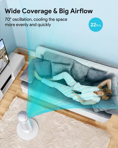 Tower Fan, Oscillating Tower Fan with Remote, 3 Modes, 3 Speeds, and 7-Hour Timer, Portable Space-Saving Bladeless Fan for Bedroom and Home Office 36”