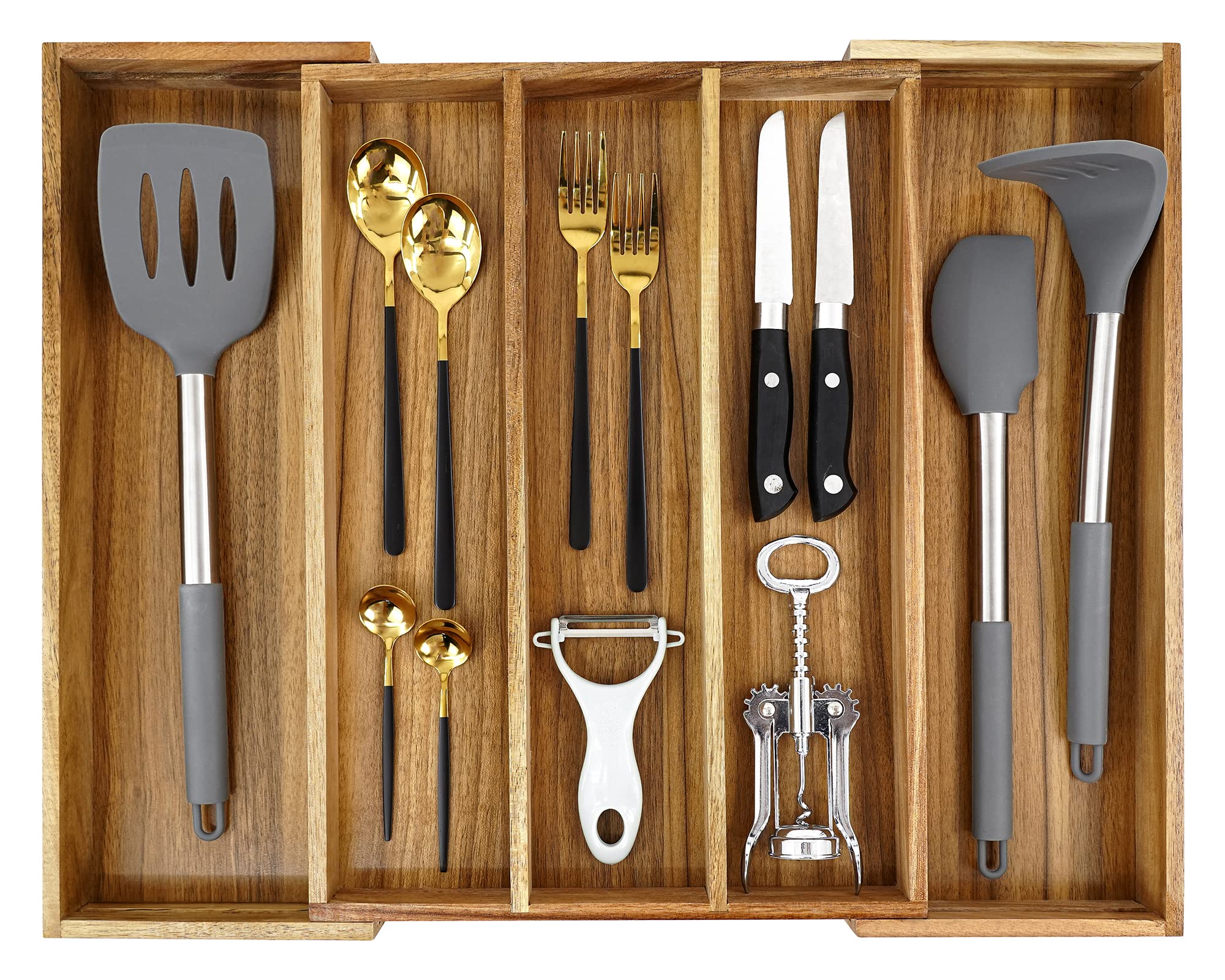 EcoFives Acacia Kitchen Drawer Organizer Expandable 8 Slots + Acacia Silverware Organizer Adjustable 5 Slots