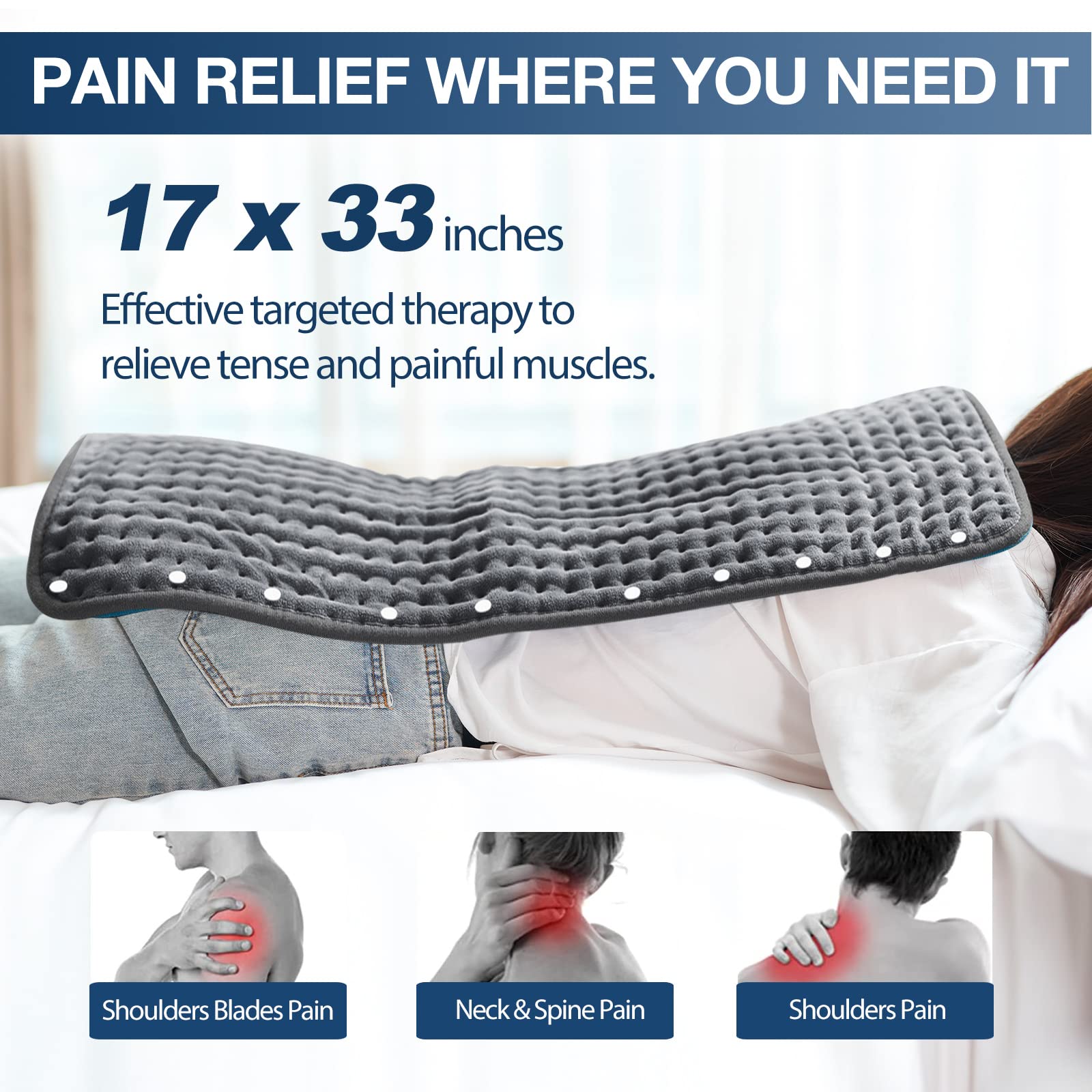 DAILYLIFE Heating Pad, Foot Warmer, 17"x33" Electric Heating Pad for Back Pain Relief, UL Certified with Overheating Protection | 6 Heating Settings | Auto-Off | Machine Washable, Gray