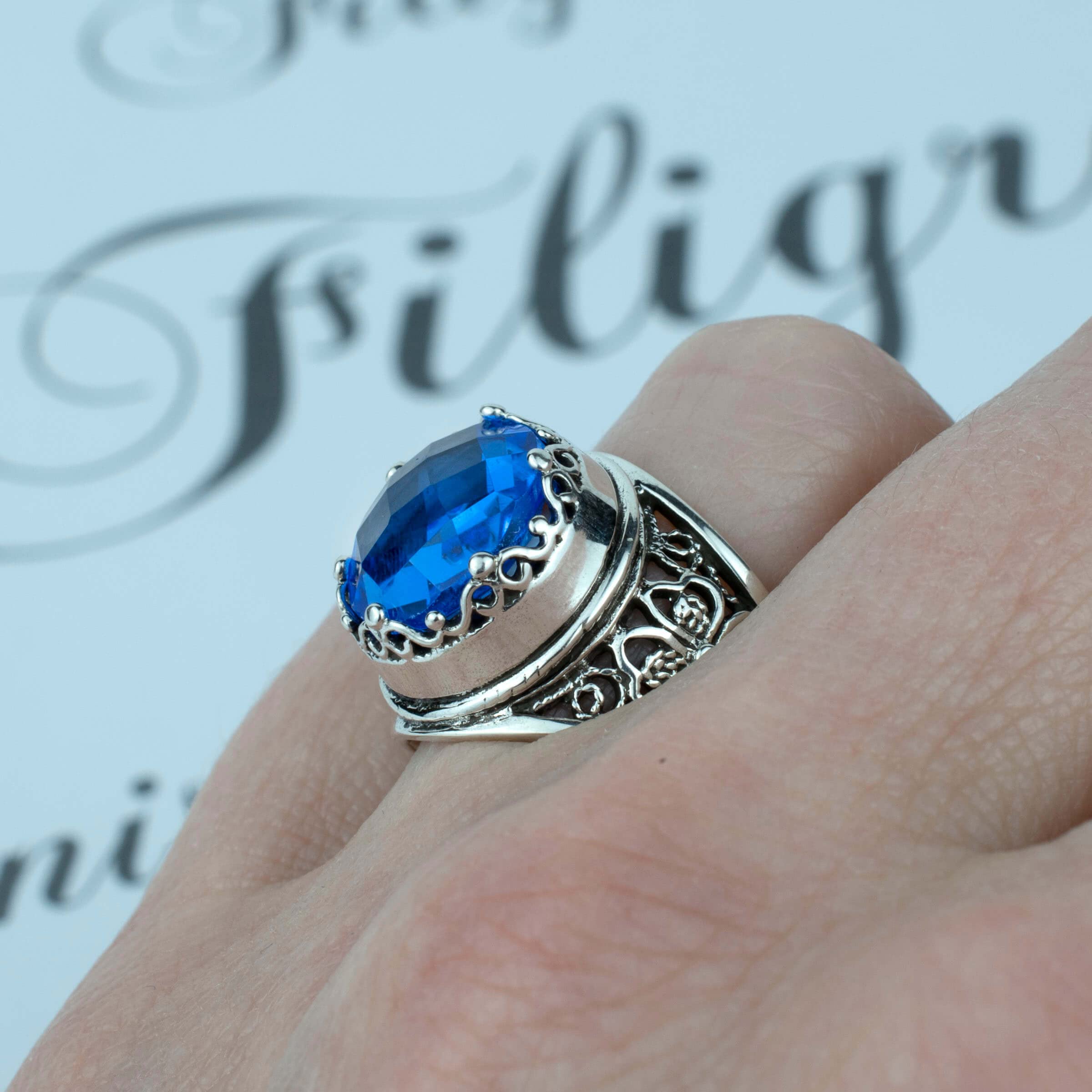 Filigranist 925 Sterling Silver Filigree Art Blue Quartz Gemstone Women Cocktail Statement Ring, Luxurious Gift Boxed (Blue Quartz, 10.5)