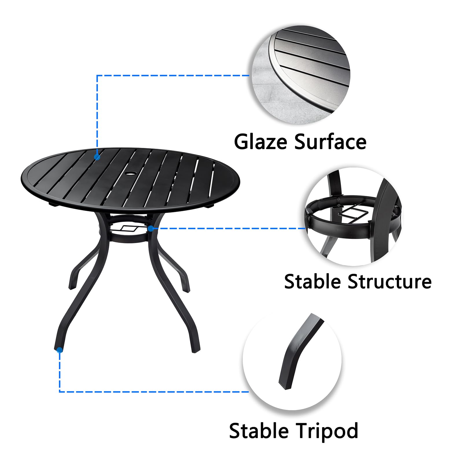 LEVELEVE 1 Piece Patio Dining Table,Outdoor Furniture 38"x 38" Metal Slatted Table with 1.5" Umbrella Hole,Outside Porch Deck Balcony Backyard Table(Round)