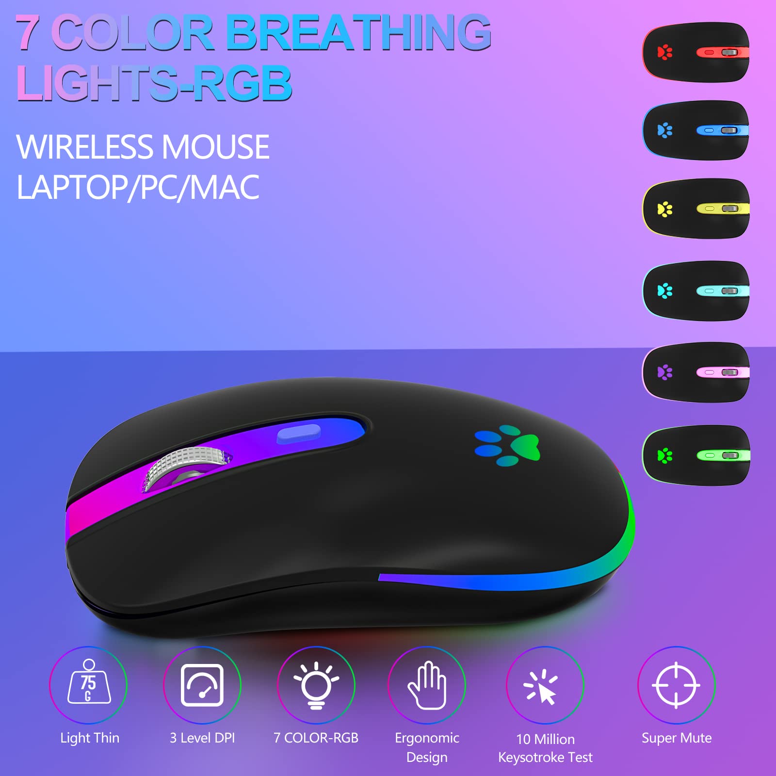 FUWANG Wireless Mouse, Rechargeable LED Wireless Bluetooth Mouse,Portable USB Optical 2.4G Wireless Bluetooth Two Mode Computer Mice with USB & Type-c Receiver(Black)